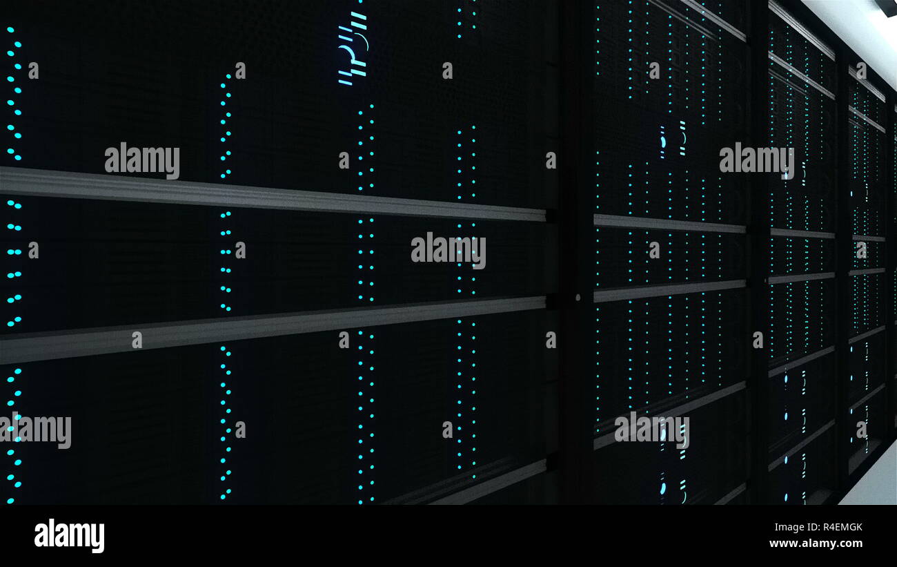 Modern server room interior in datacenter, web network and internet ...
