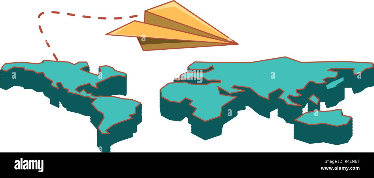 airplane paper flying with continents maps vector illustration design ...