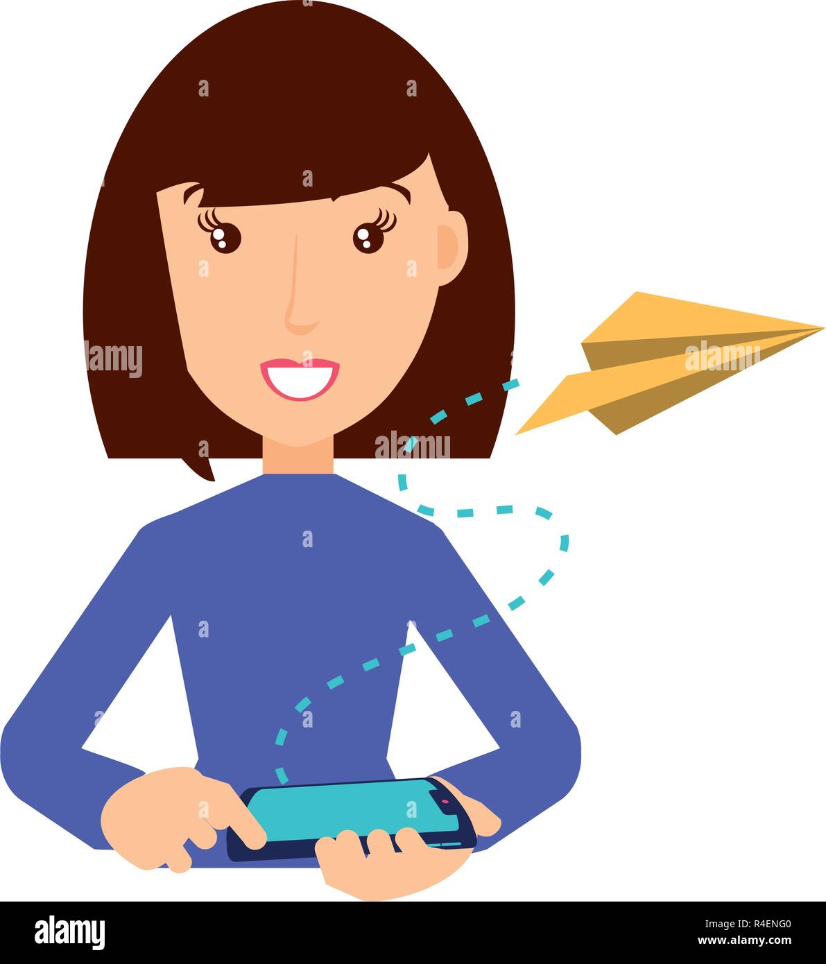 young woman using smartphone and airplane paper vector illustration ...