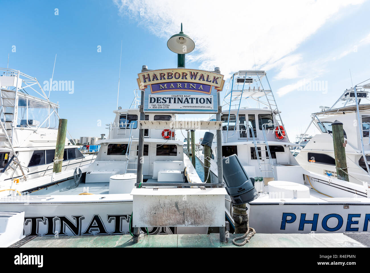 Destin, USA - April 24, 2018: City town Harborwalk village sign by ...