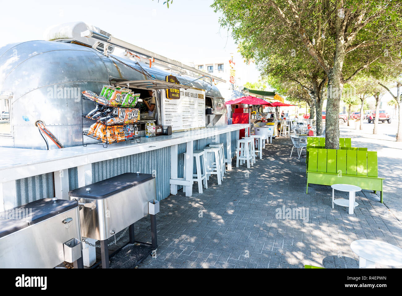 Seaside, USA - April 25, 2018: Retro restaurant food trucks in historic ...