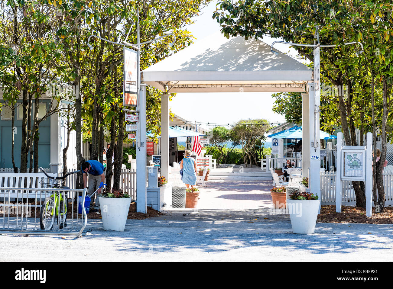 Seaside, USA - April 25, 2018: Park in historic city town beach village ...