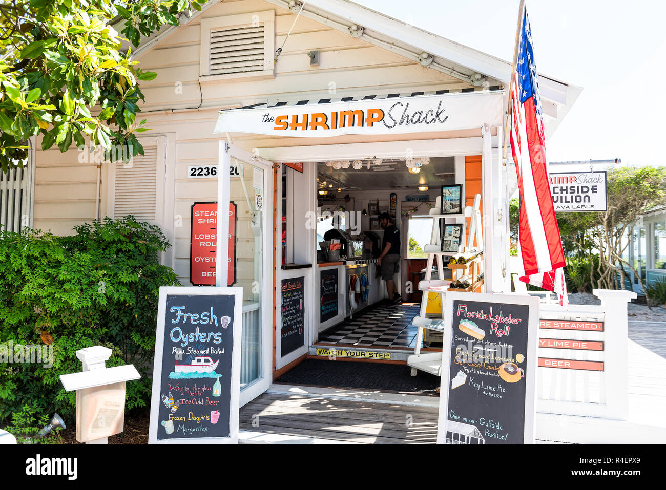 Seaside, USA - April 25, 2018: Seafood restaurant sign for Shrimp Shack ...