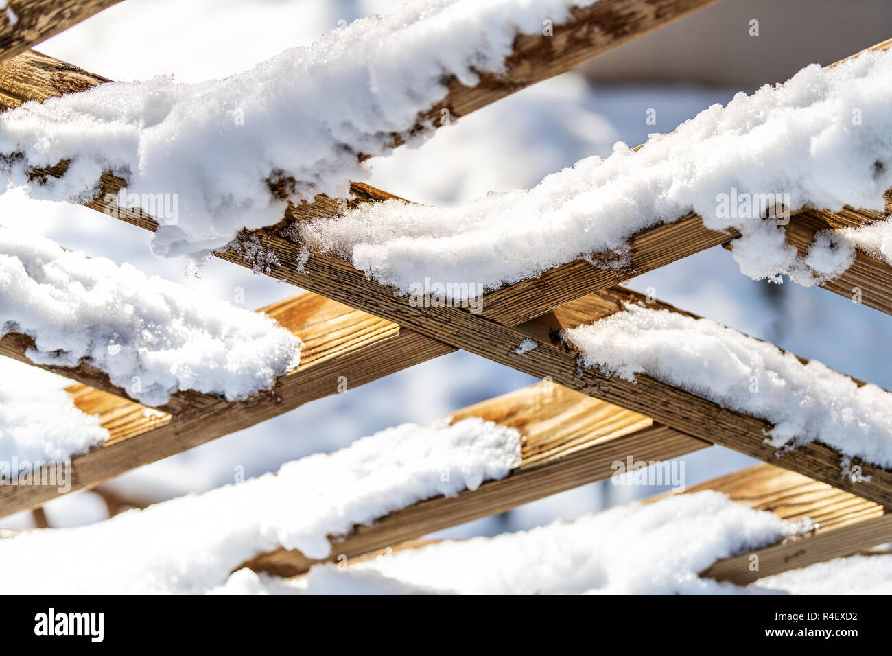 Closeup of wooden deck fence railing side, pole, post covered, in piled ...