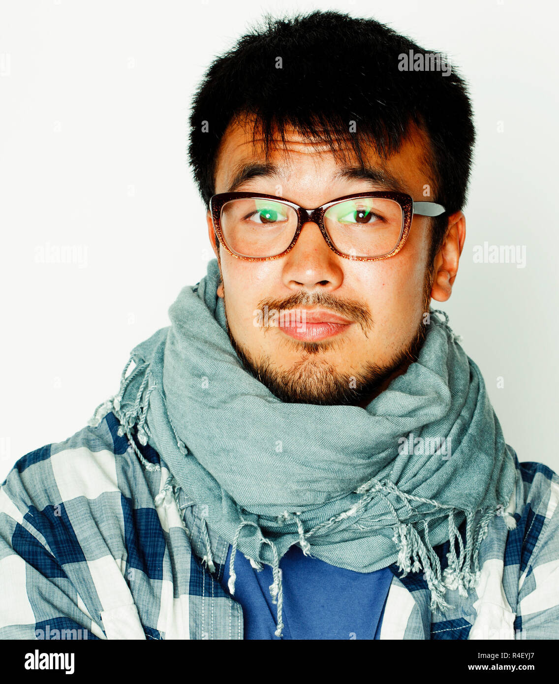 young handsome asian man hipster in glasses on white background Stock ...