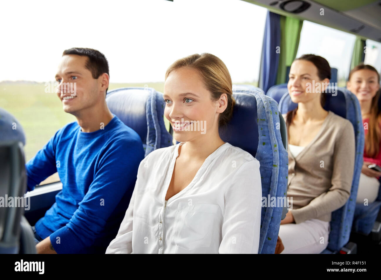 group of happy passengers in travel bus Stock Photo - Alamy