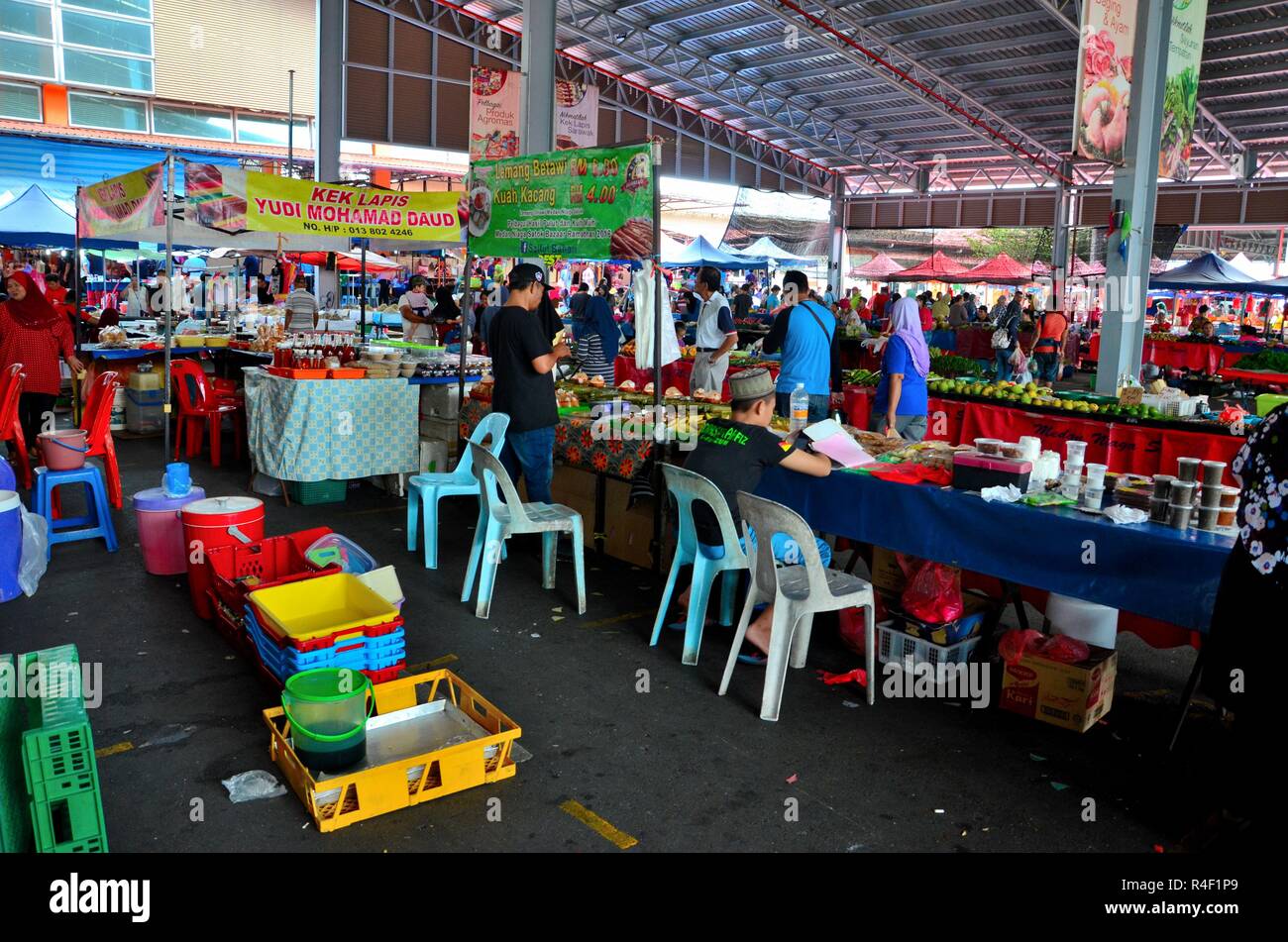 Tables stalls selling fresh street food & fruit at outdoor section of ...