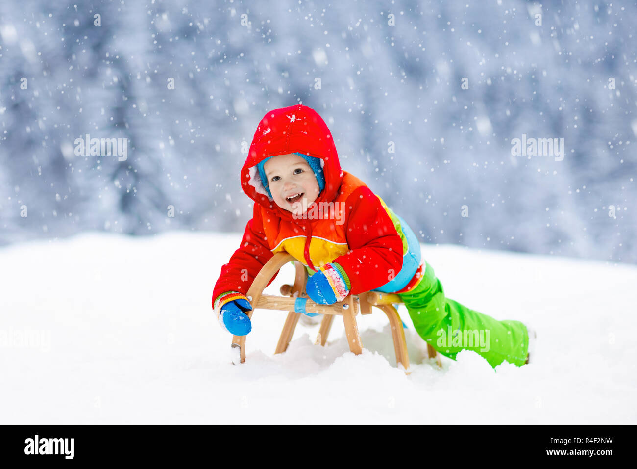 Little boy enjoying a sleigh ride. Child sledding. Toddler kid riding a ...
