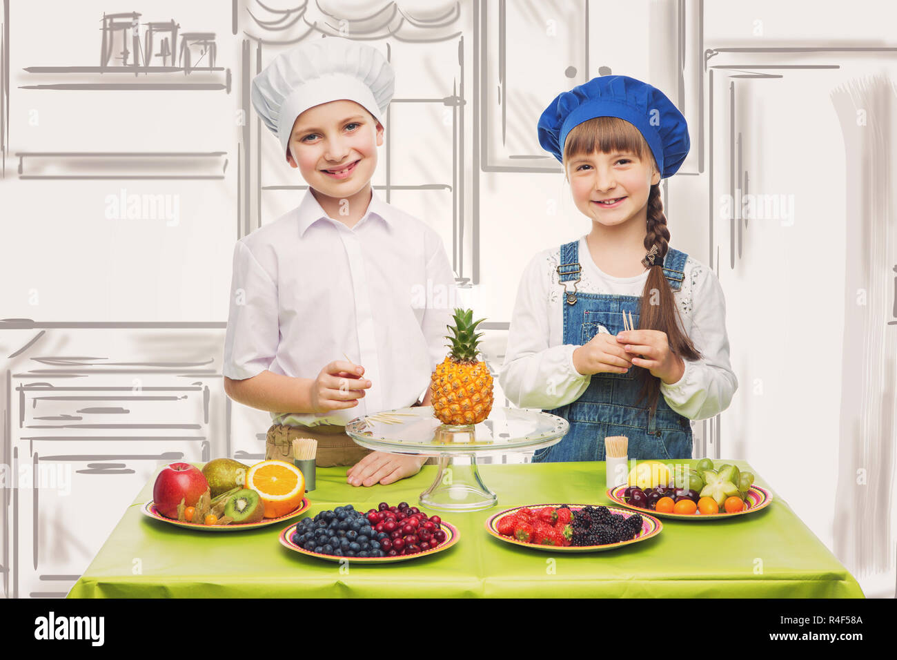 Children making fruit snacks Stock Photo - Alamy