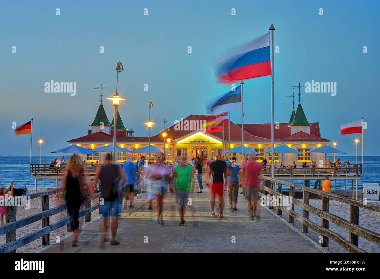 Pier Ahlbeck on the Baltic Sea with national flags in the wind ...