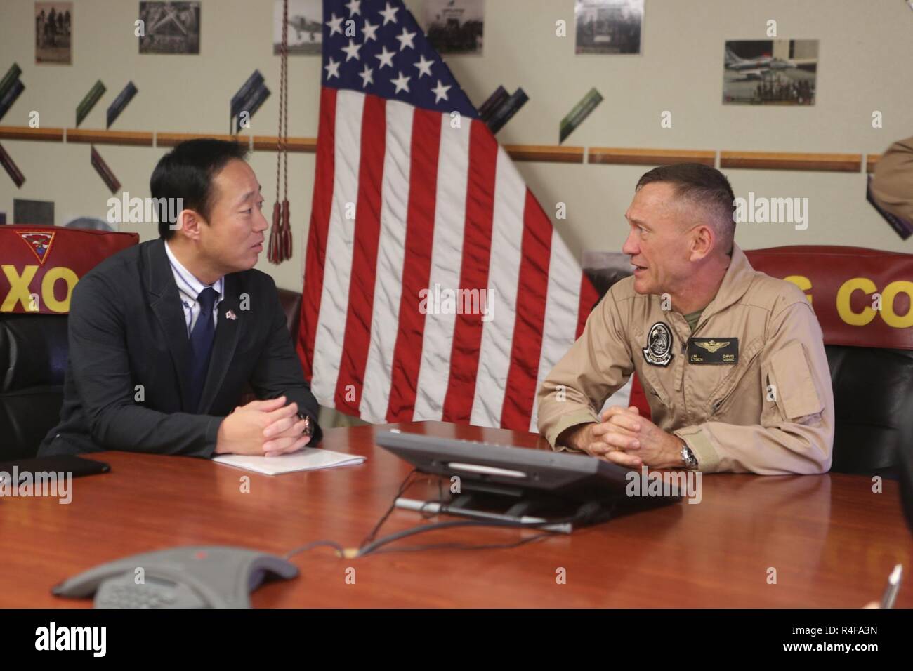 Yoshihiko Fukuda, left, mayor of Iwakuni, Japan, meets with Lt. Gen ...