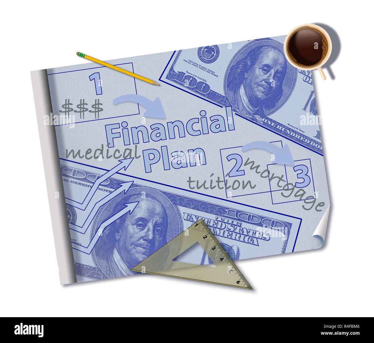 Making a financial plan is illustrated with a mock blueprint of a ...
