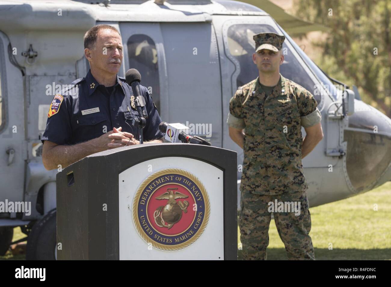 Chief Ken Pimlott, with CAL FIRE, addresses the audience during the ...