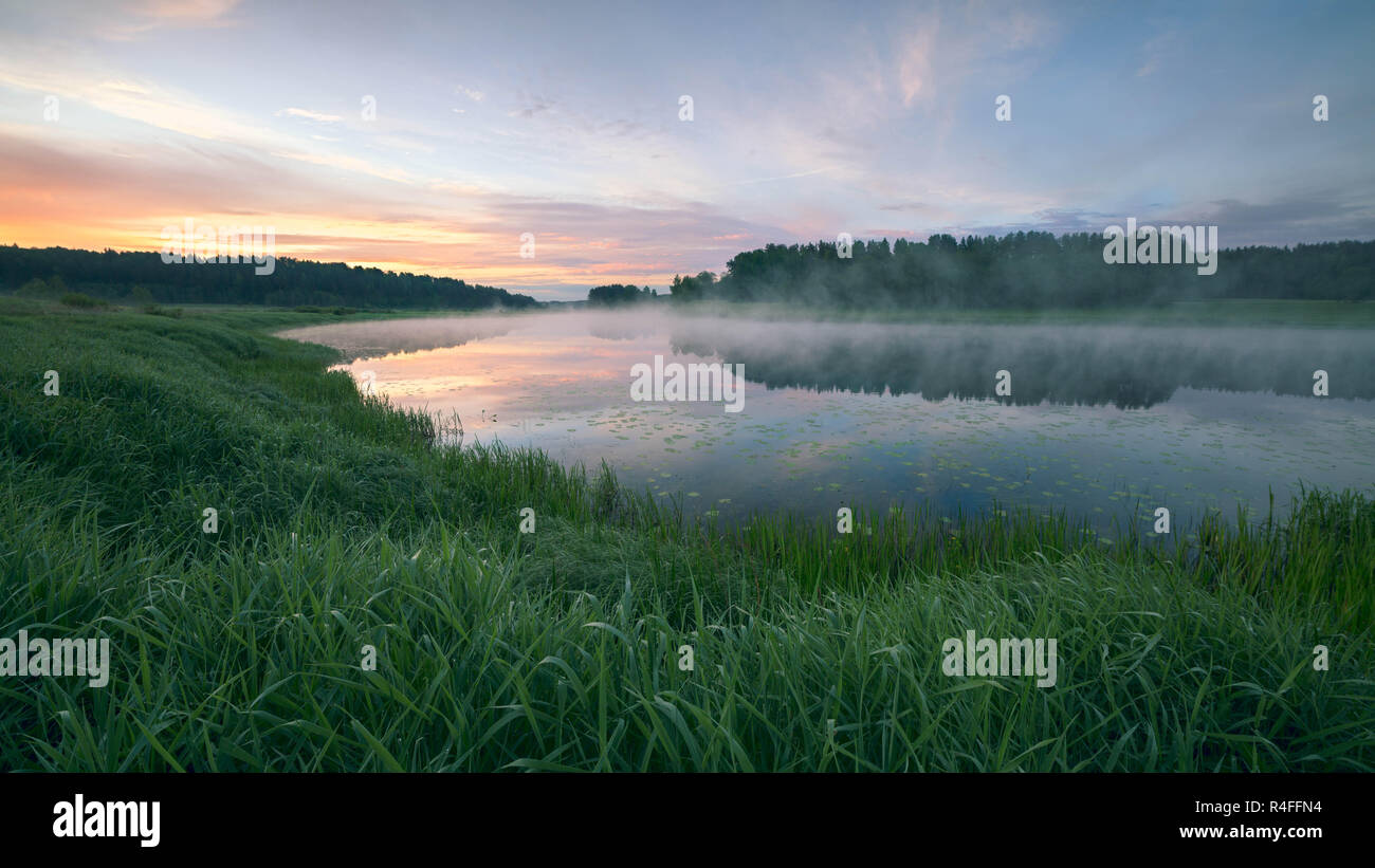 Misty morning on the river. Summer Stock Photo - Alamy