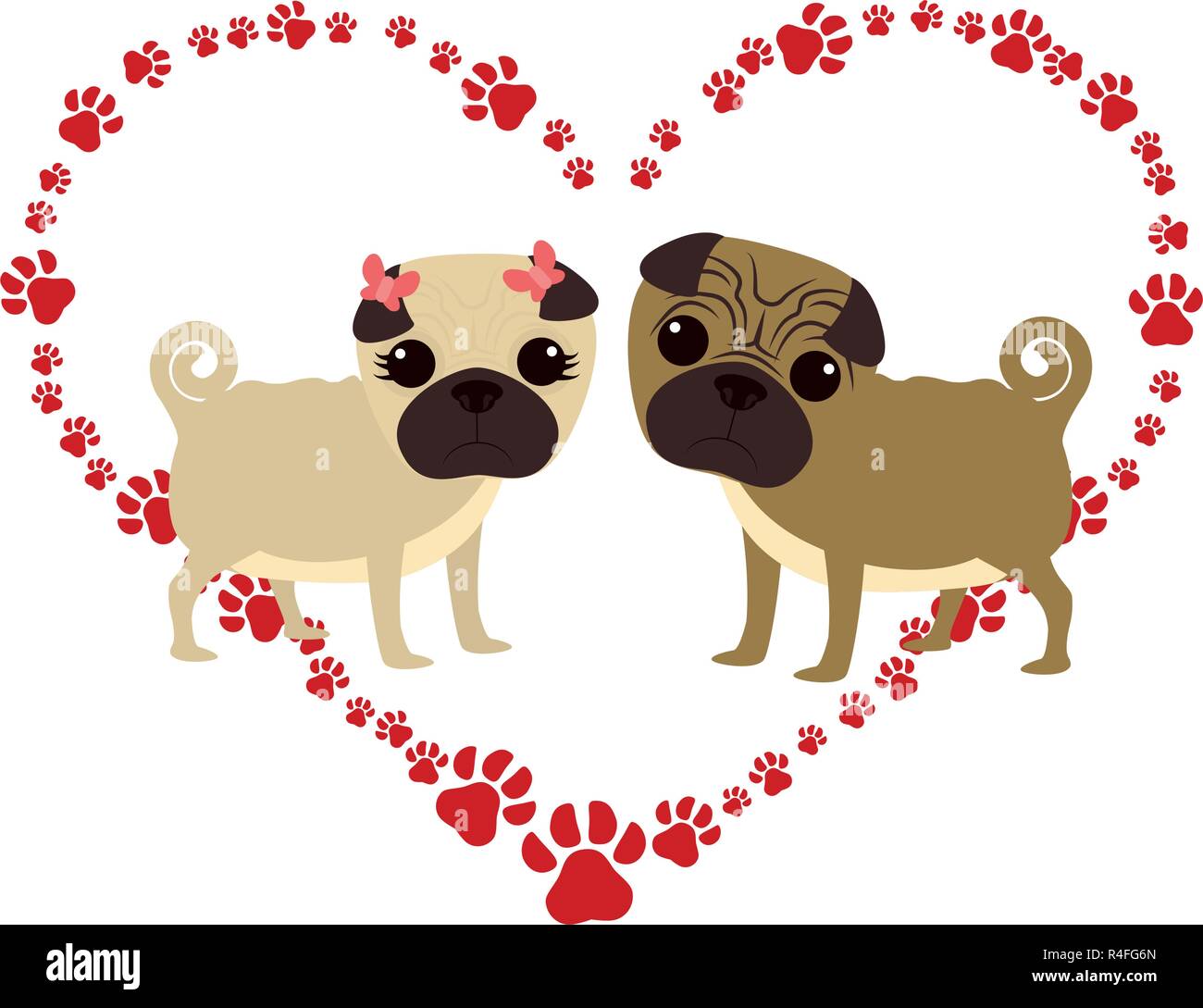 cute pug dogs couple in heart paws vector illustration design Stock ...