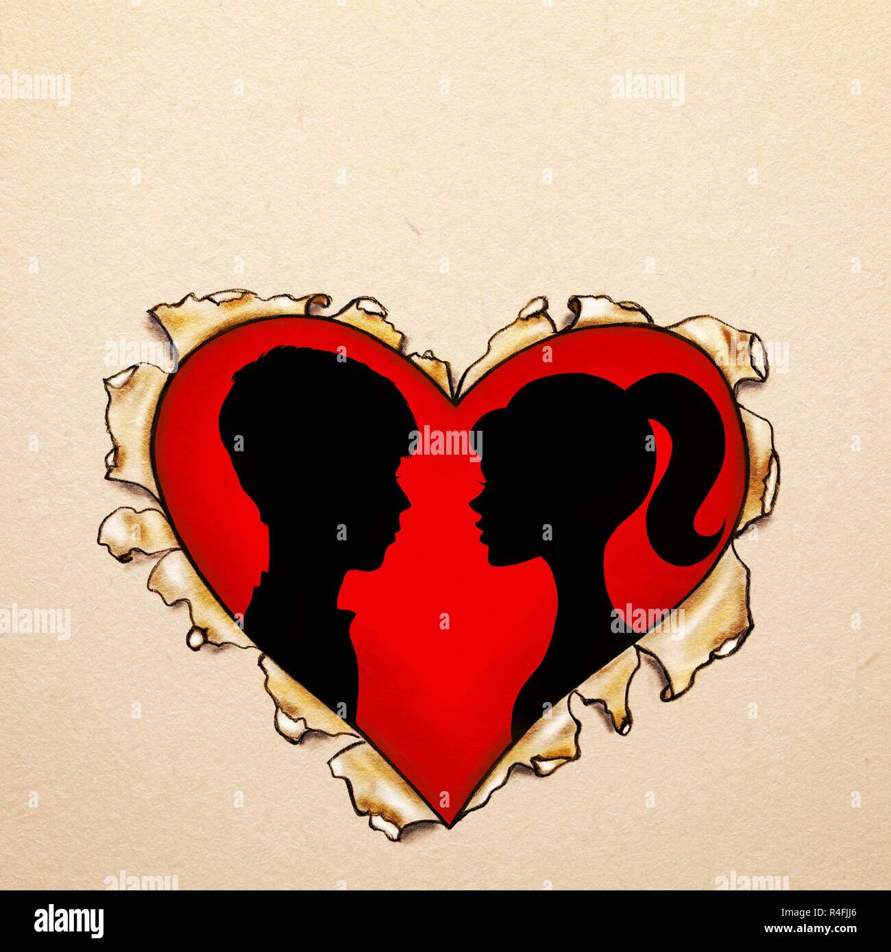 Paper ripped heart with silhouettes Stock Photo - Alamy