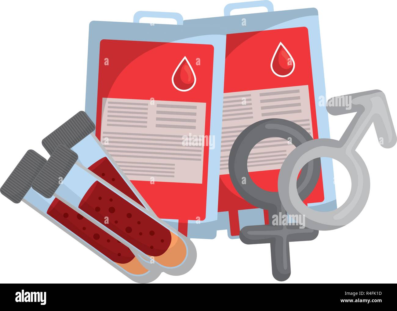 blood bags with tube test and genders symbols vector illustration ...