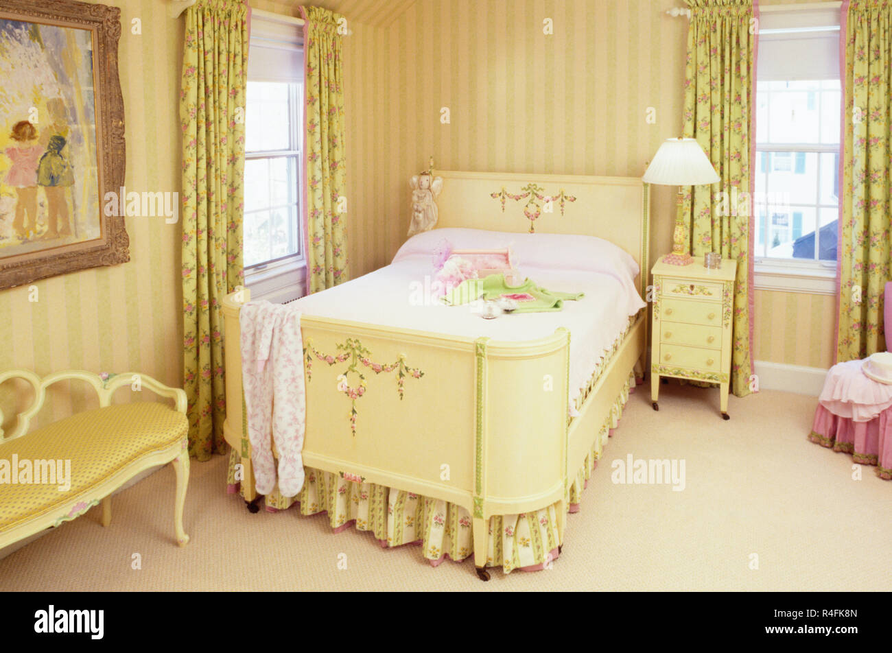 Custom designed yellow girl's room with handprinted furniture, USA ...