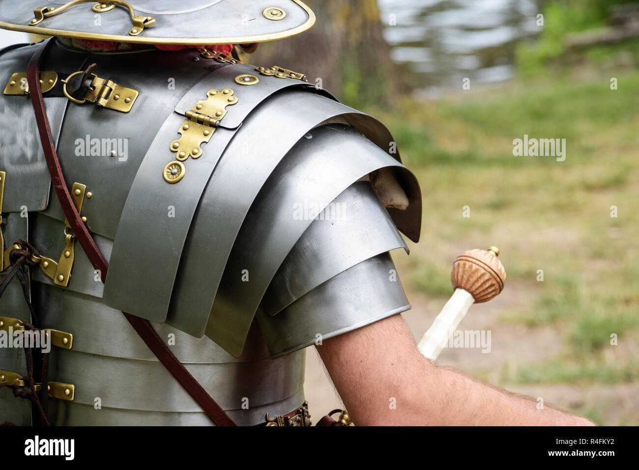 detail of an ancient roman soldier, legionnaire or centurion in metal ...