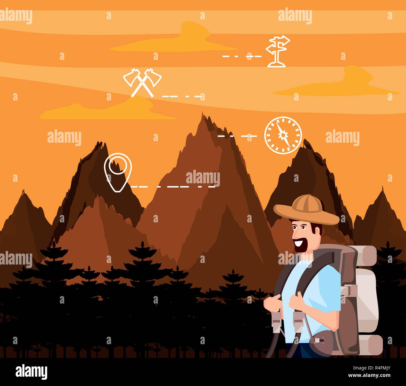 man tourist in landscape with set icons vector illustration design ...