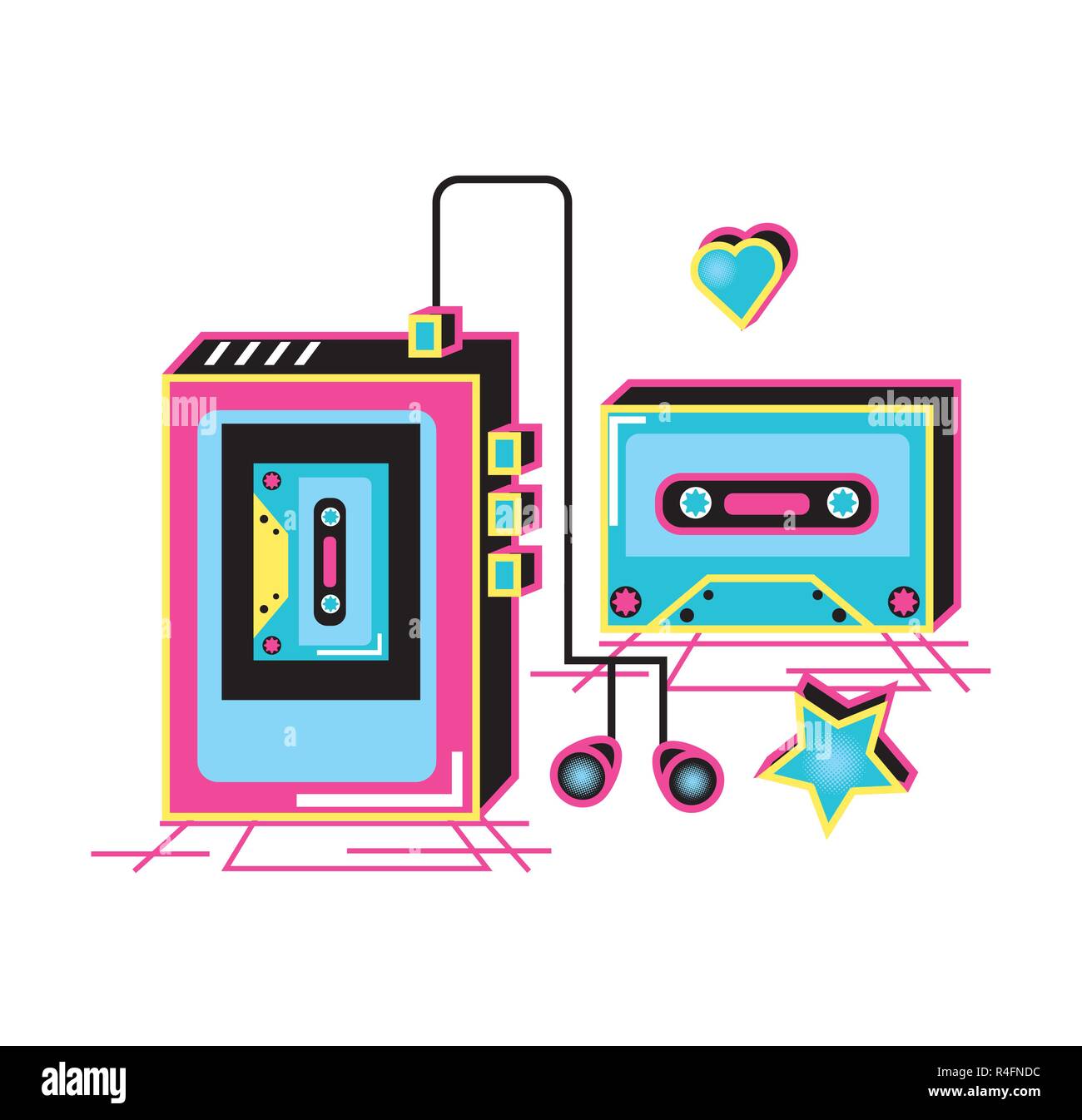 walkman with headphones and cassette of nineties retro vector ...