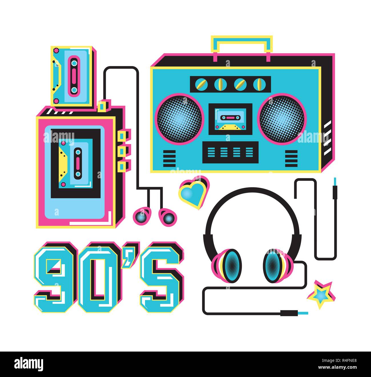 walkman with headphones and radio of nineties retro vector illustration ...