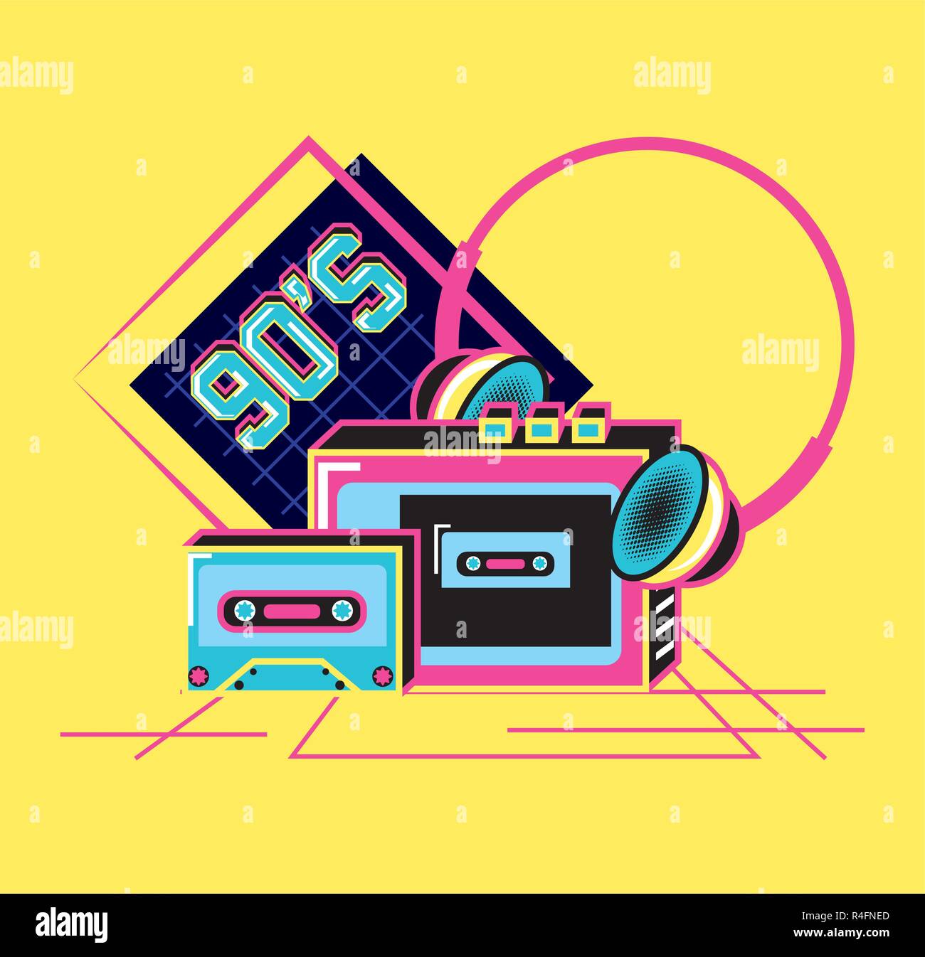 walkman with headphones and cassette of nineties retro vector ...