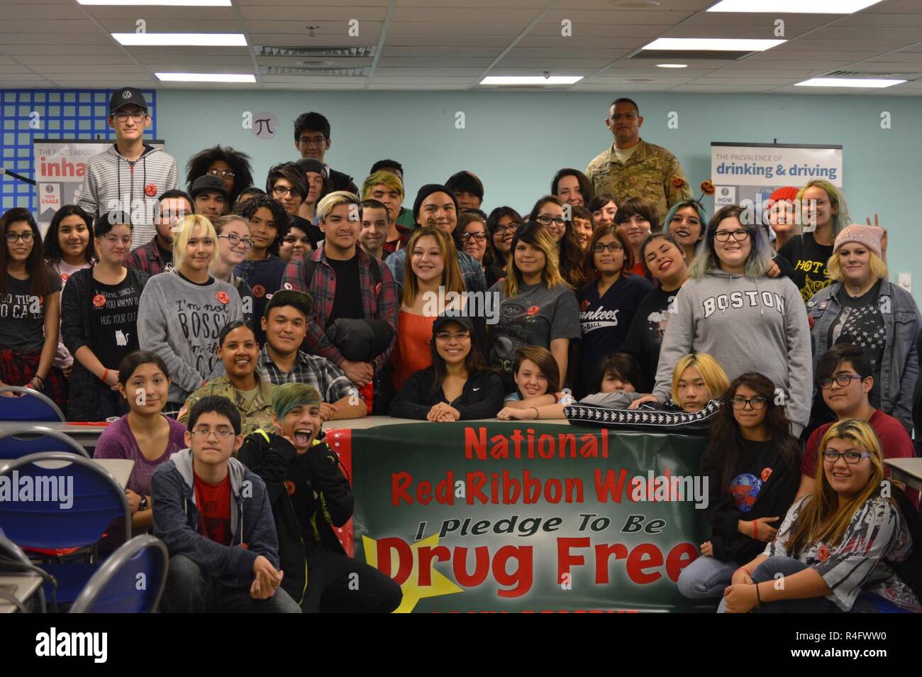 Students from the Henry Ford Academy in San Antonio, Texas, pose for a ...