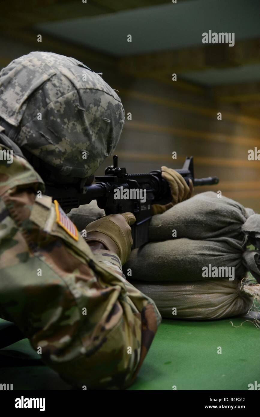 U.S. Army Spc. Shaqueel Tabb, assigned to 39th Signal Battalion, aims ...