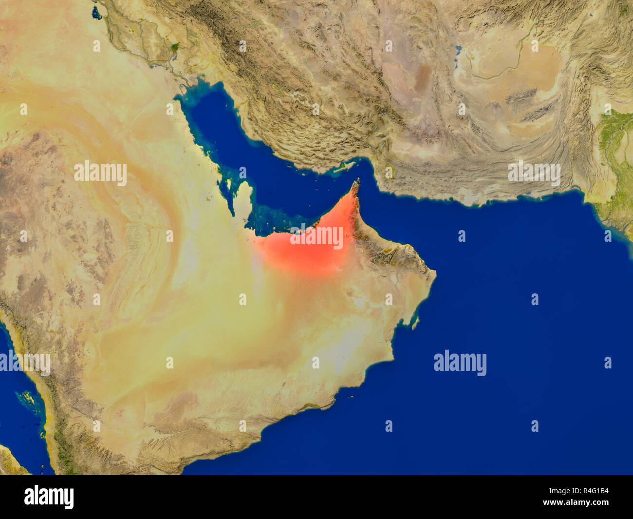 United Arab Emirates from space in red Stock Photo - Alamy