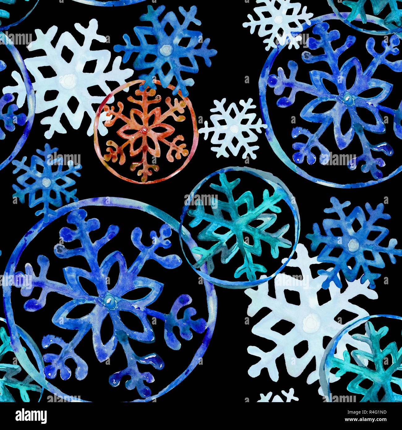Watercolor multicolor snowflakes on black background, seamless winter ...