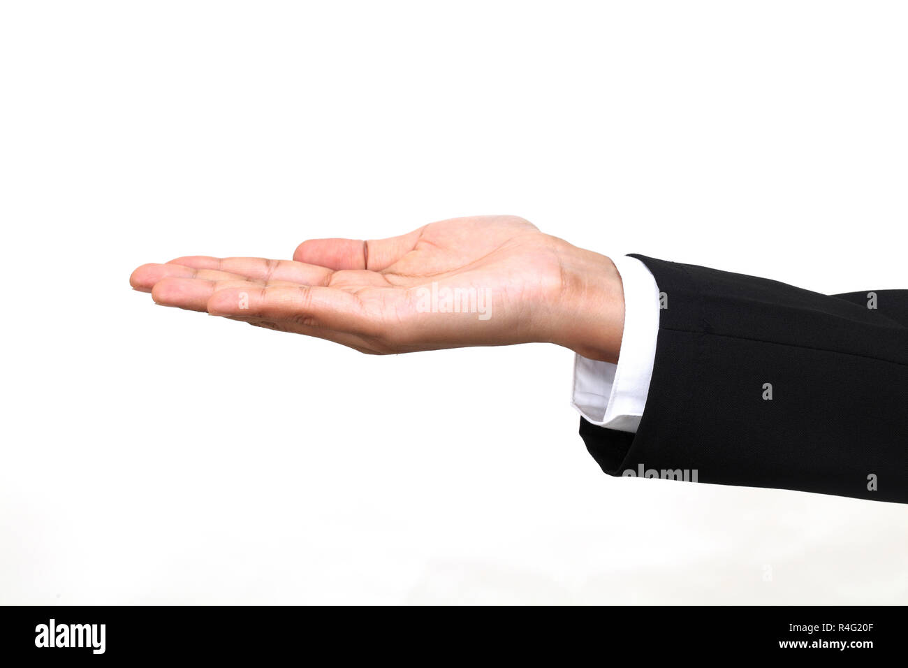 Open palm hand gesture of businesswoman hand on white background Stock ...