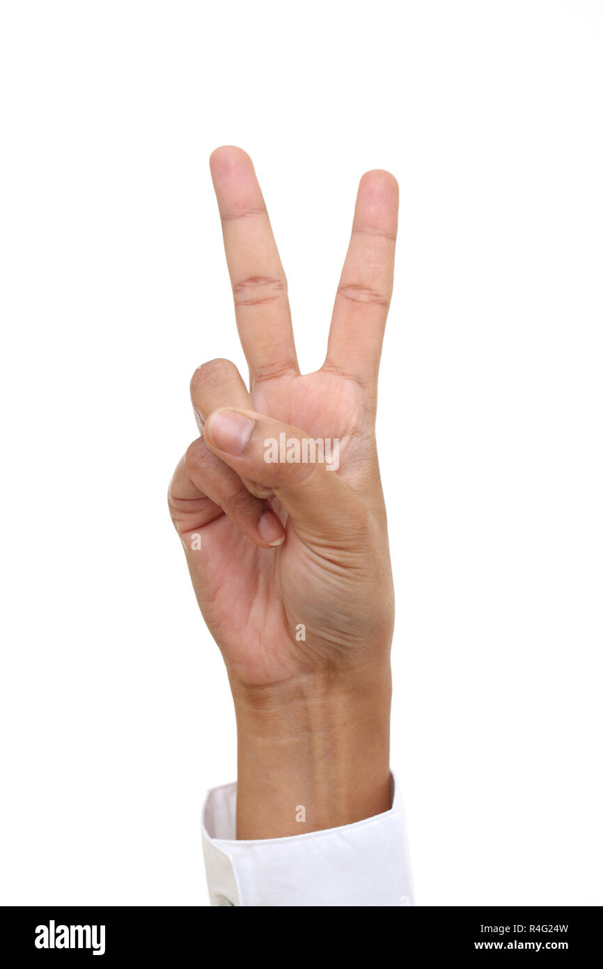 Victory sign isolated on white background Stock Photo - Alamy
