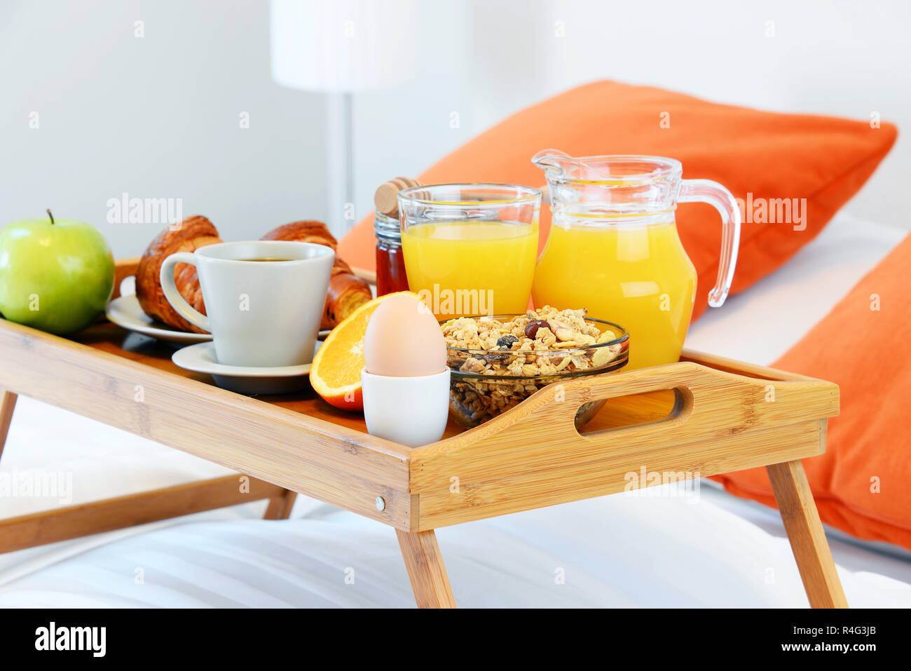 Breakfast in bed in hotel room Stock Photo - Alamy