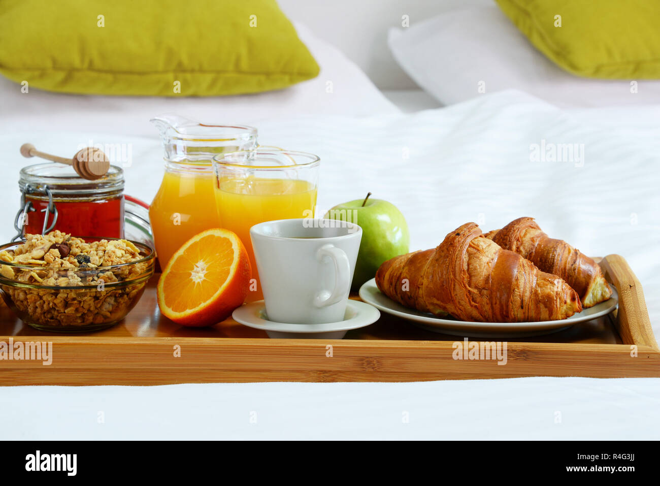 Breakfast in bed in hotel room Stock Photo - Alamy