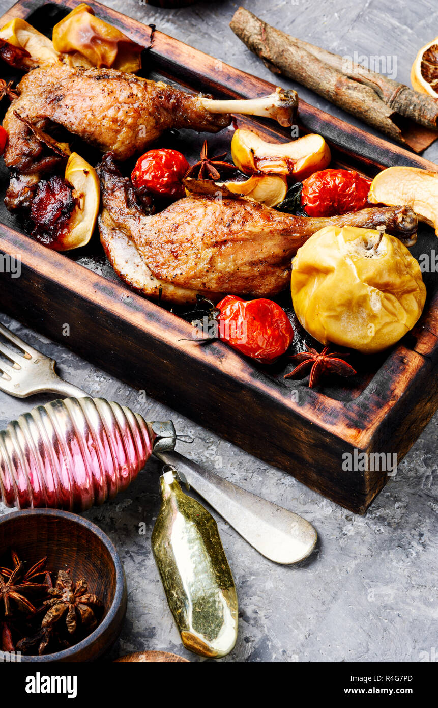 Festive roast duck with apples and vegetable.Christmas food concept ...