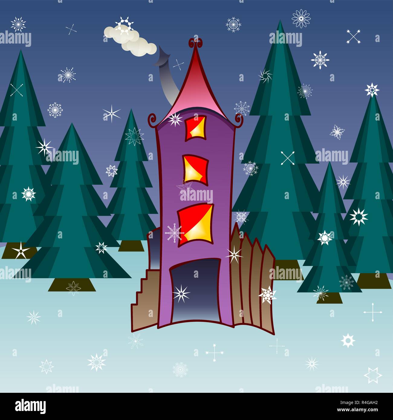 House in snowfall. Christmas greeting card background poster. Vector ...