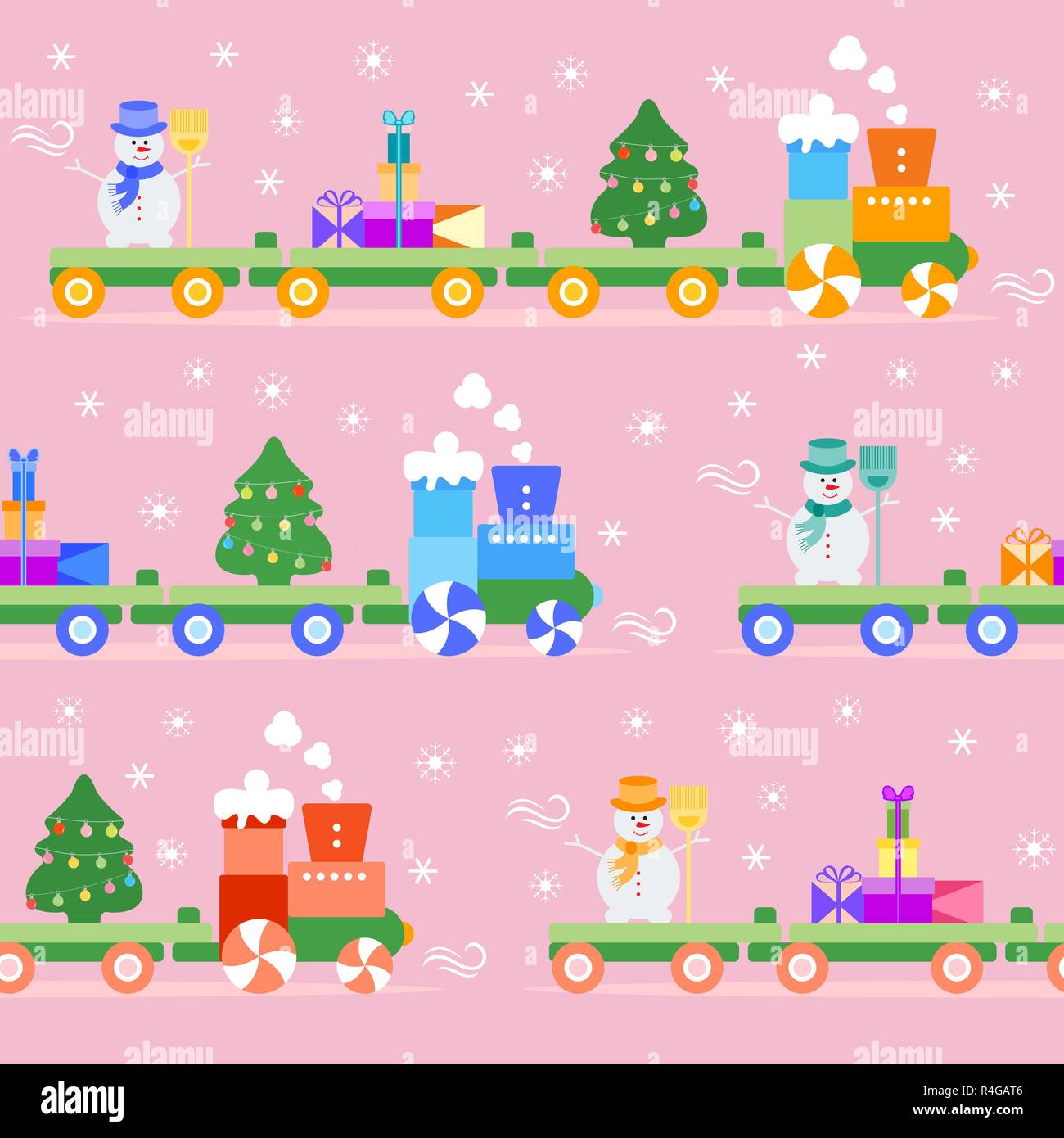 Seamless pattern with Christmas train carries Christmas tree, snowman ...