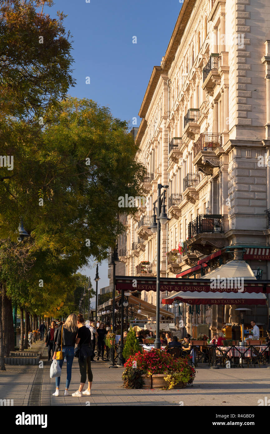 Outdoor restaurants on Danube Promenade, Budapest, Hungary Stock Photo ...
