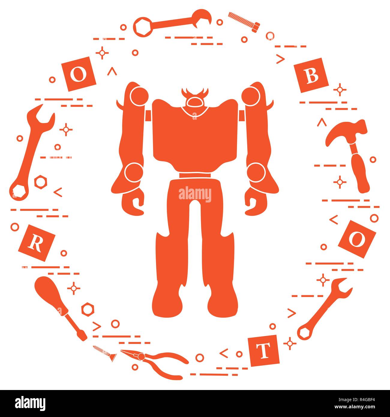 Robot, cubes with letters, toy tools (screwdriver, wrench, screw ...