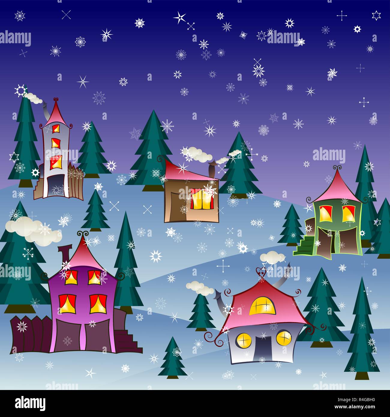 House in snowfall. Christmas greeting card background poster. Vector ...