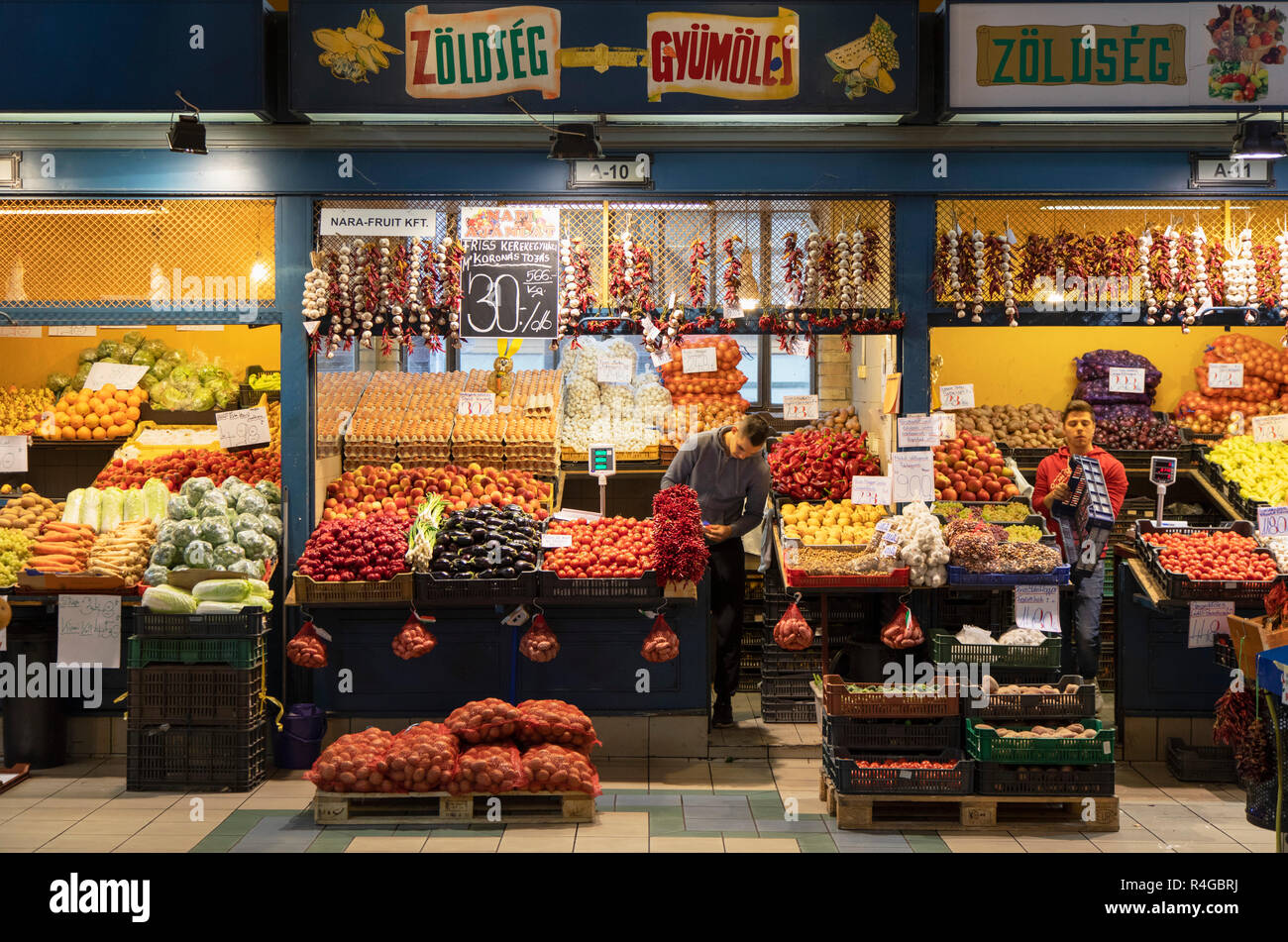 Fruit and vegetable stall in Central Market Hall, Budapest, Hungary ...