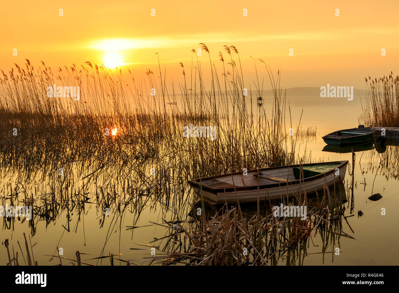Sunset on the lake Balaton with a boat Stock Photo - Alamy