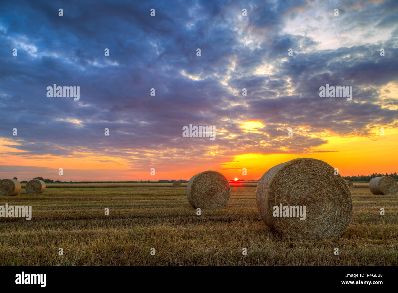 Sunset over farm field with hay bales Stock Photo - Alamy