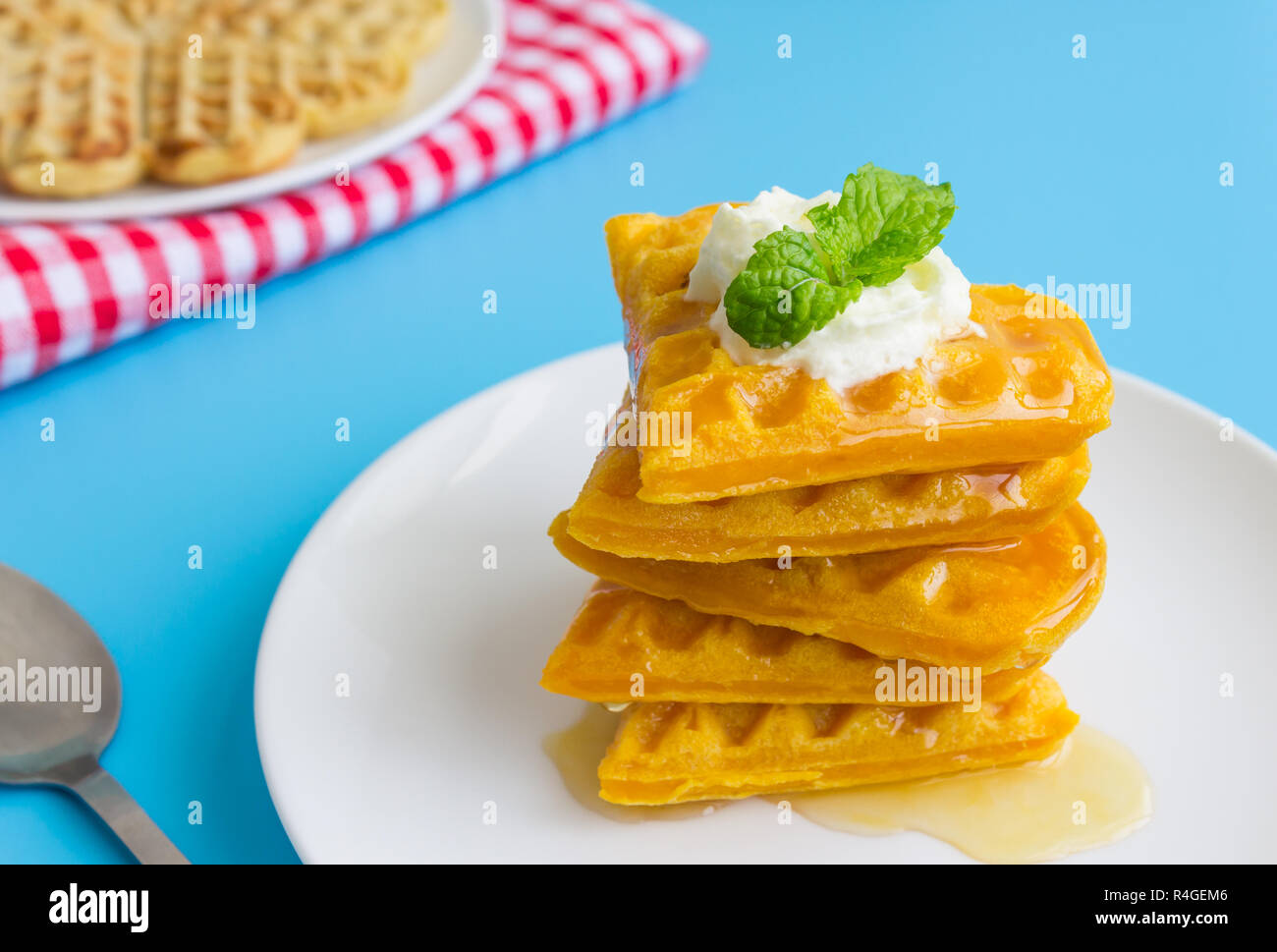 5 Pieces Heart Shape Waffle and Peppermint and Honey on Blue Pastel ...