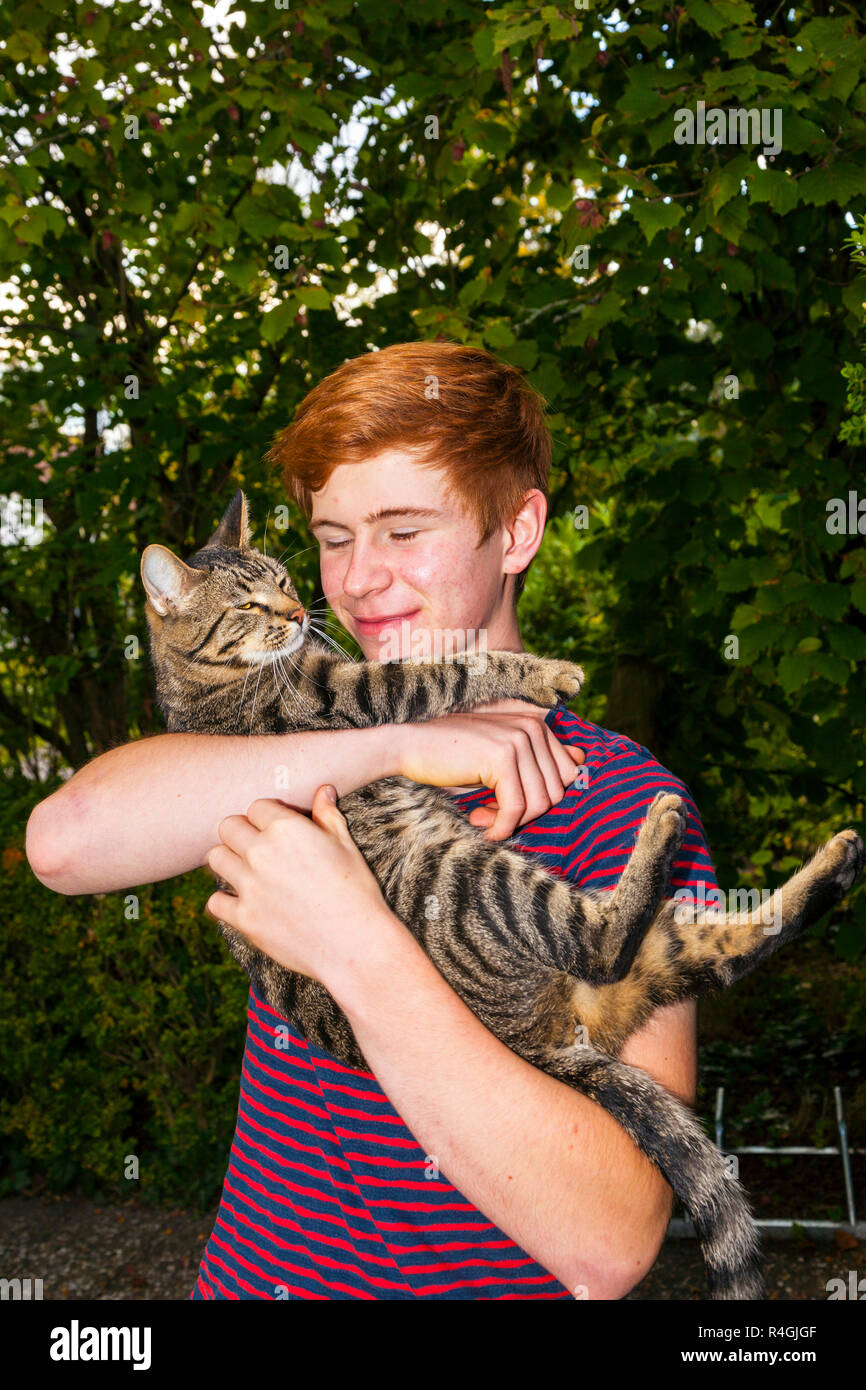 cute boy with red hair with his cat in the arm Stock Photo - Alamy