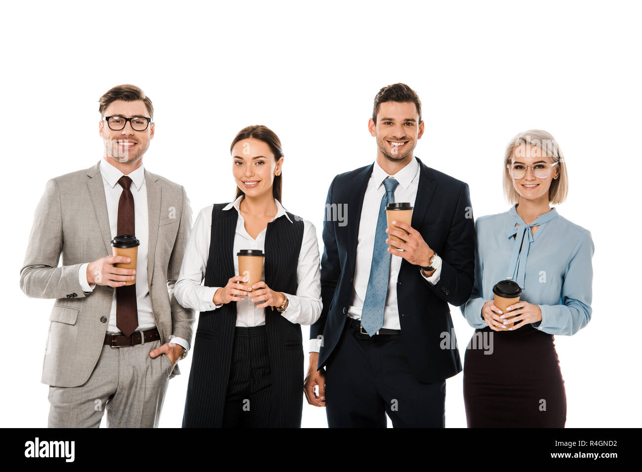 cheerful business team having coffee break together isolated on white ...