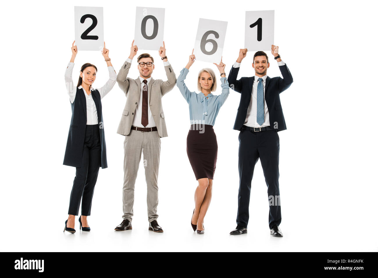 businesspeople holding cards with numbers isolated on white Stock Photo ...