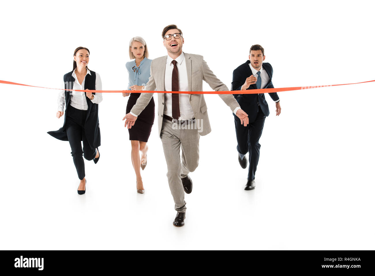 competitive business people running to red finishing line isolated on ...