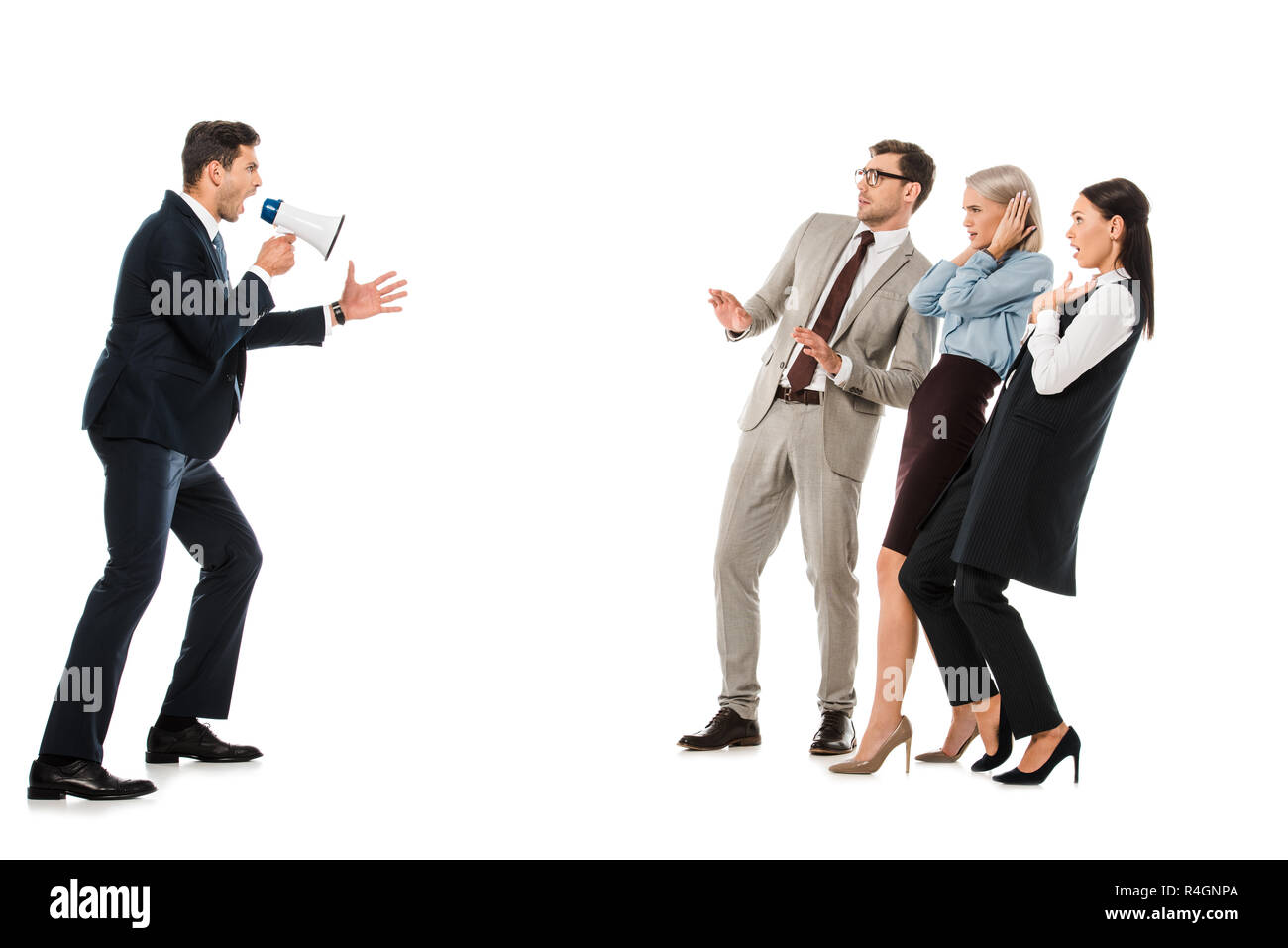 angry boss yelling at workers with bullhorn isolated on white Stock ...